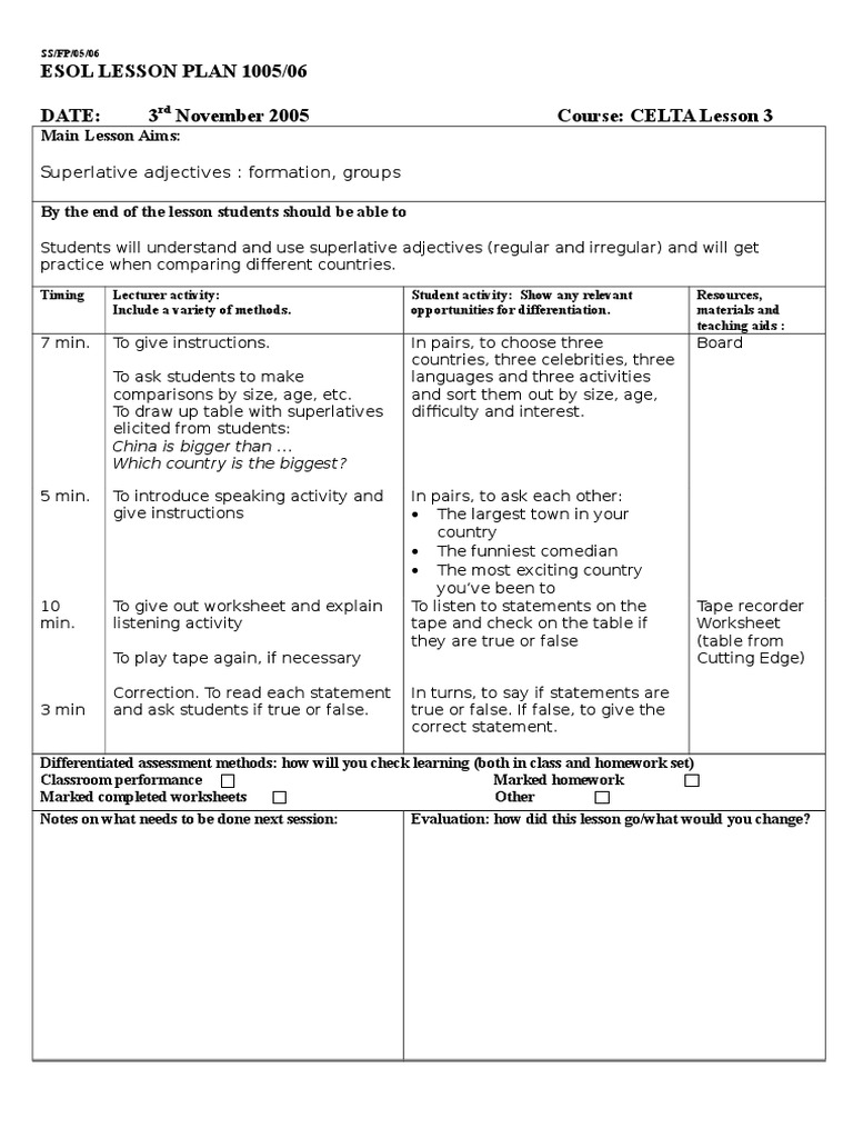 Esol Lesson Plan 1005/06 Date: 3 November 2005 Course: CELTA Lesson 3 | PDF