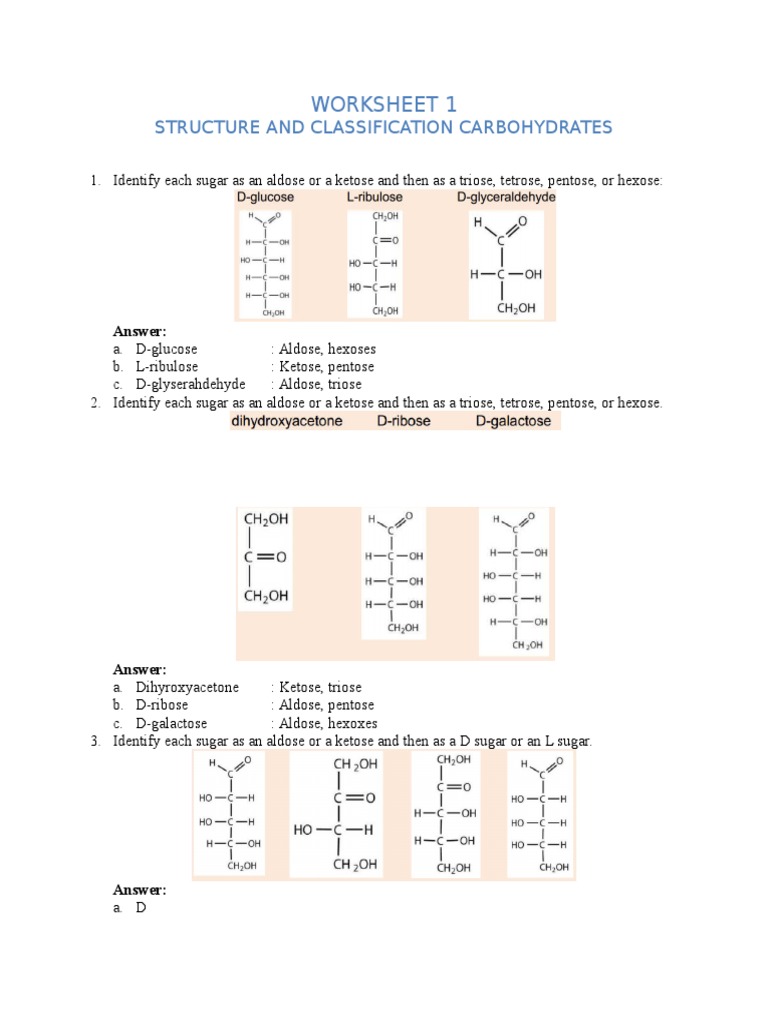 Worksheet 1 | Carbohydrates | Glucose