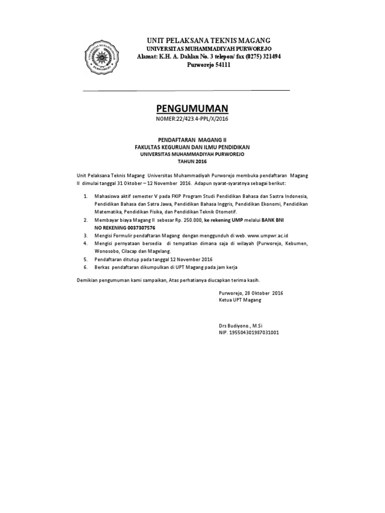 Contoh Formulir Magang Ump | PDF