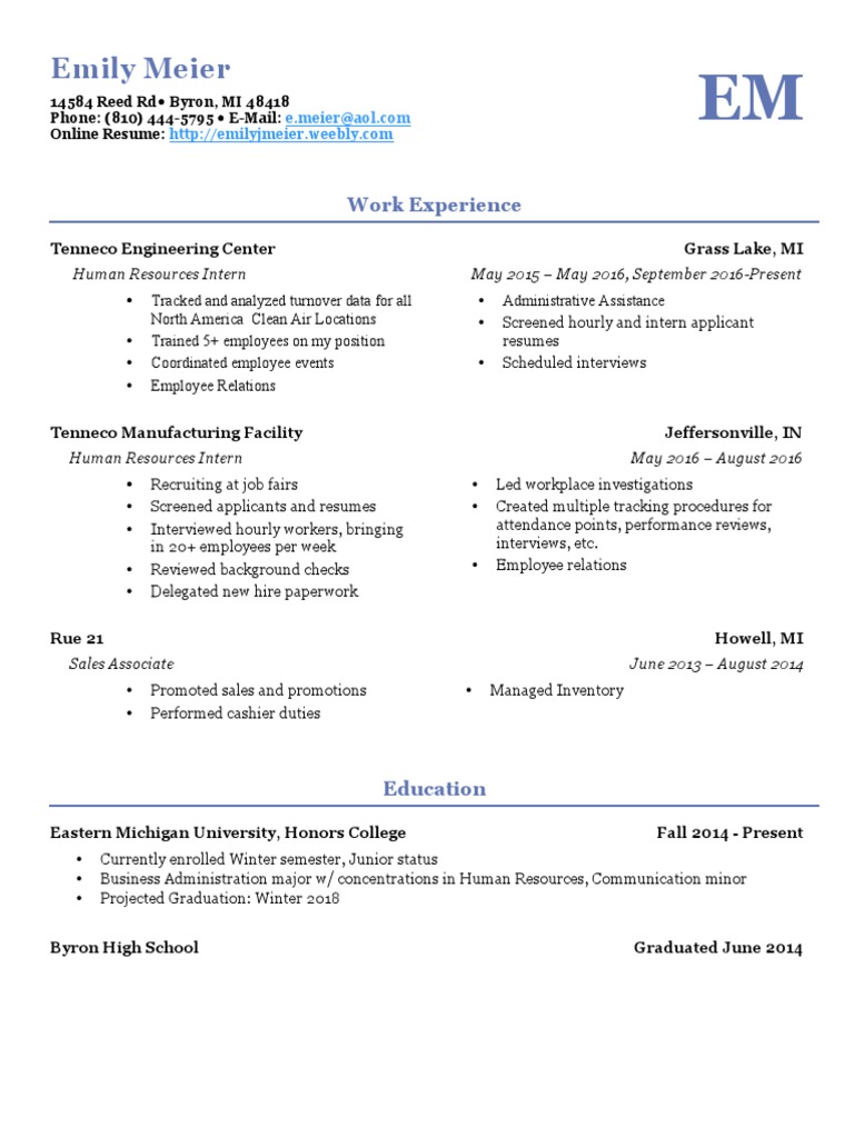 Emily Meier's HR Internship Resume | PDF