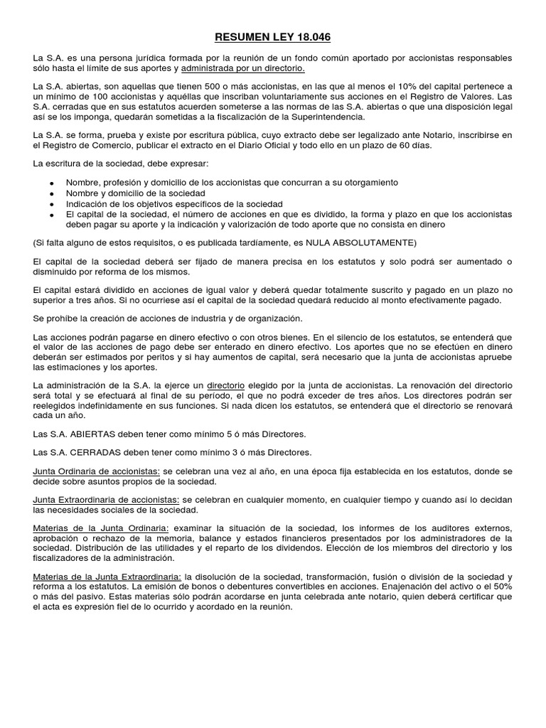 Resumen Ley 18046 | PDF | Compartir (Finanzas) | Dividendo