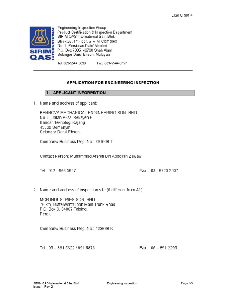 EIS-For-01-4 (Application For Engineering Inspection) | PDF | Business