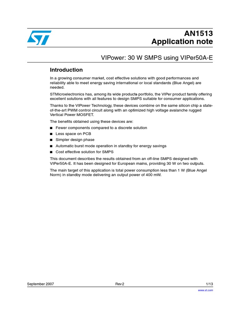 An1513 Application Note: Vipower: 30 W Smps Using Viper50A-E | PDF | Diode | Rectifier