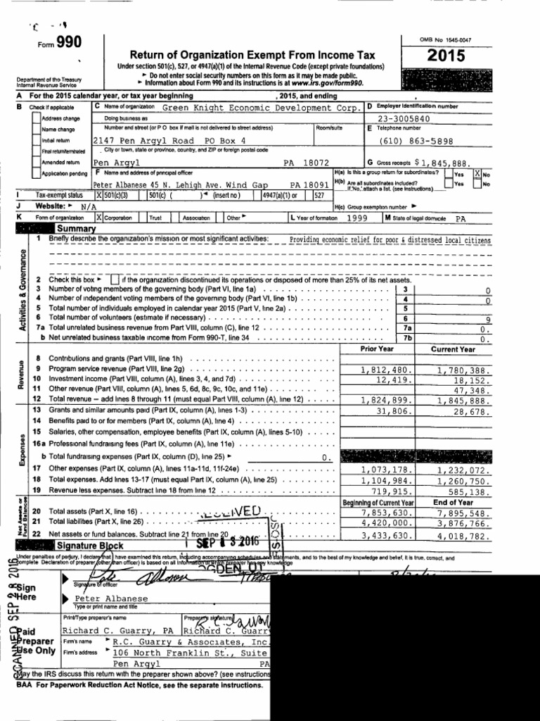 Green Knight Economic Development Corporation IRS Form 990 For FY2015 ...