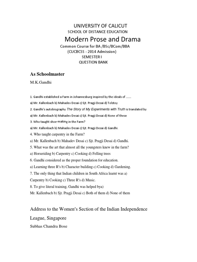 Modern Prose and Drama: University Of Calicut