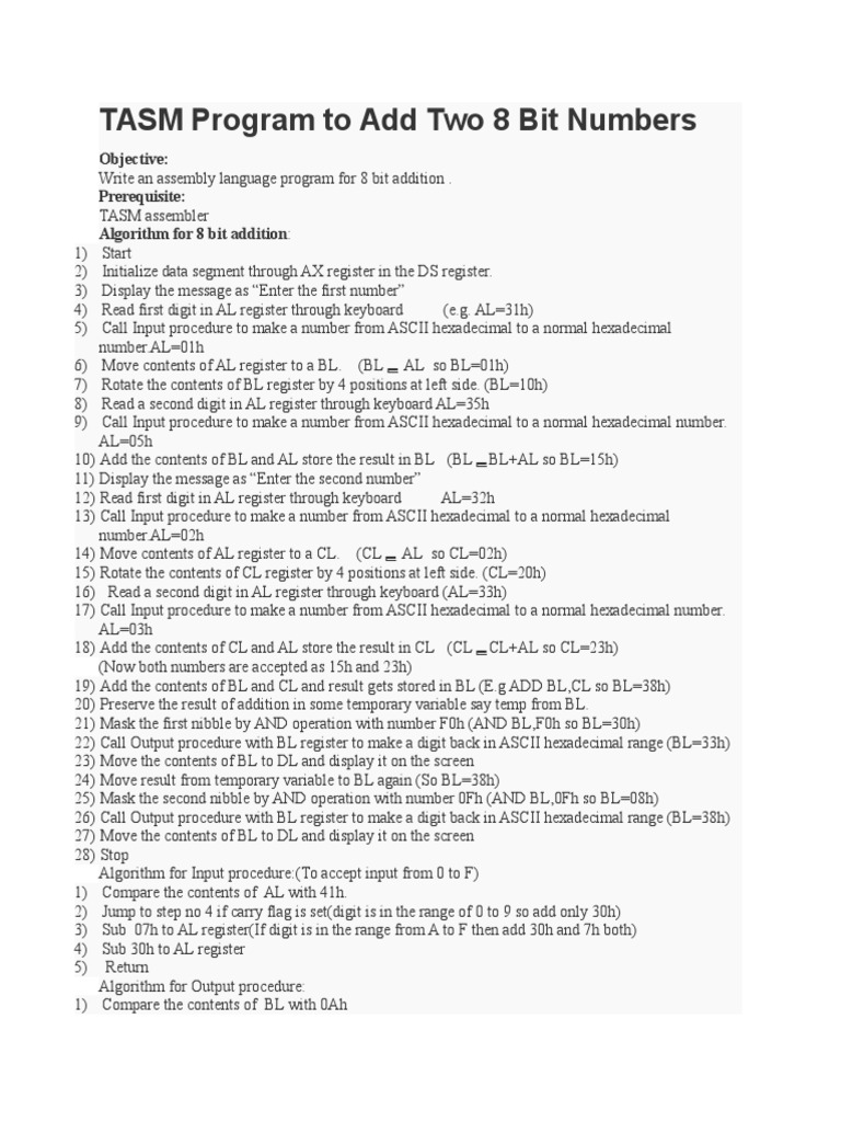 Tasm Program To Add Two 8 Bit Numbers Pdf Assembly Language Integer Computer Science