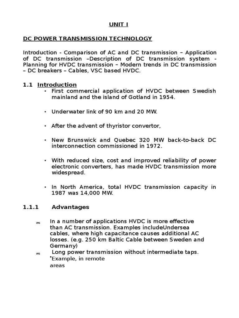 Unit 1 - DC Power Transmission Technology | PDF | High Voltage Direct ...