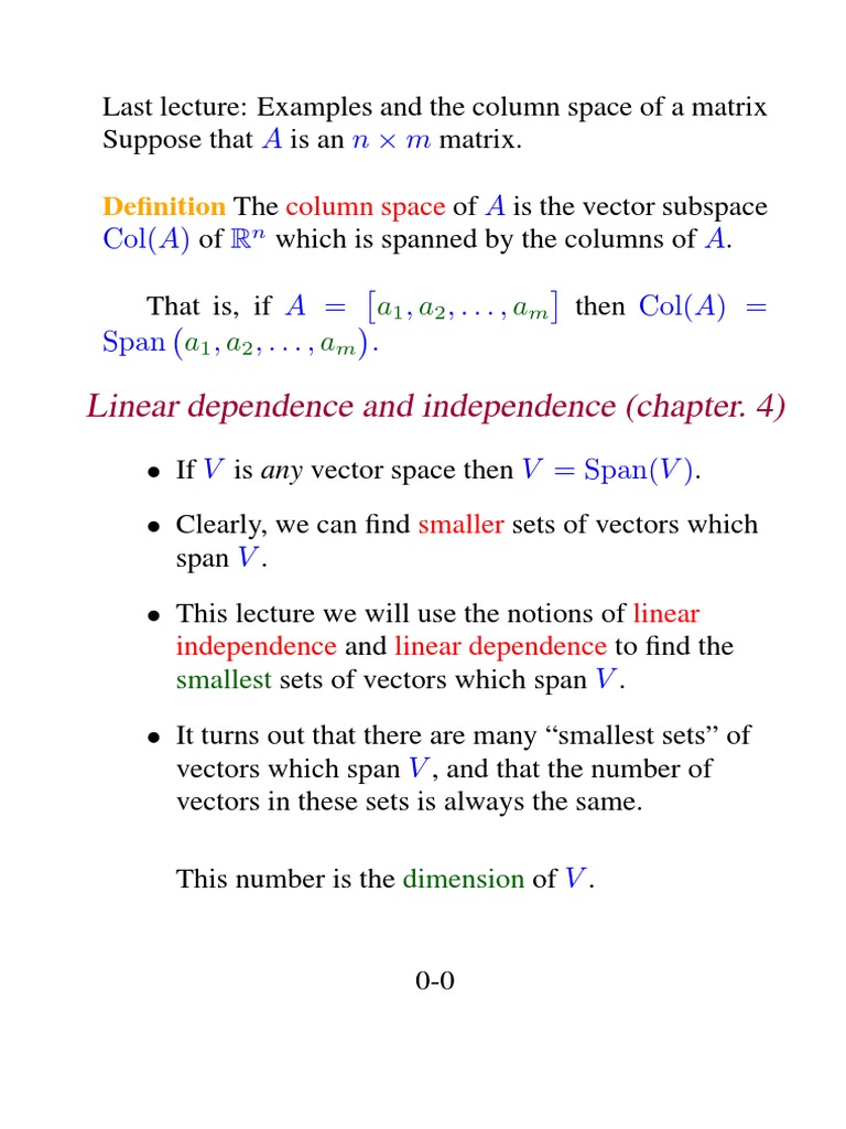 Linear Dependence and Independence (Chapter. 4) : Column Space | PDF ...