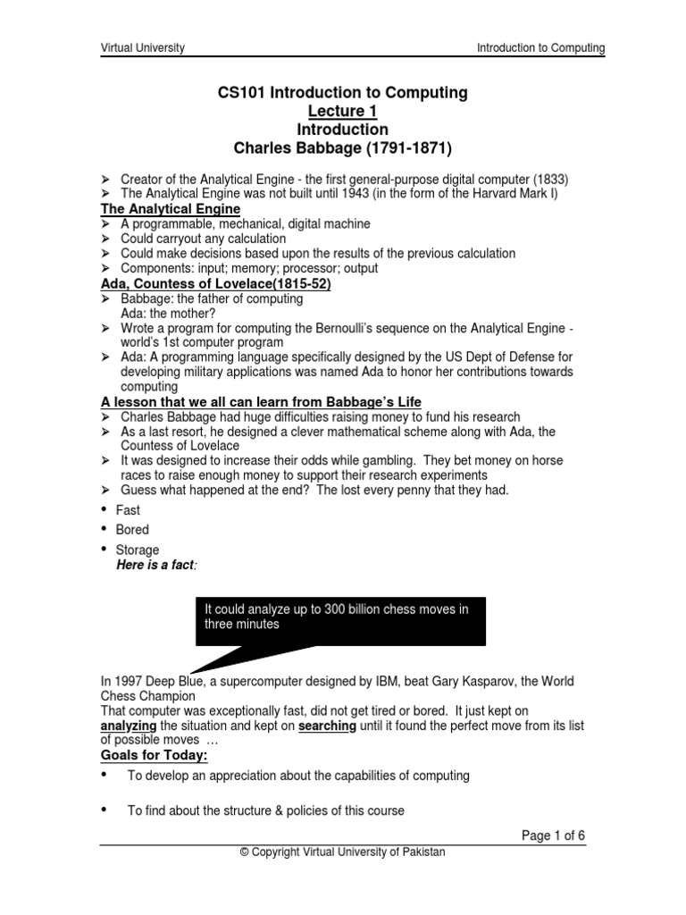 CS101 Introduction To Computing Charles Babbage (1791-1871) : The Analytical Engine | Download ...