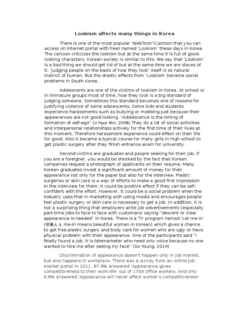 Lookism Cause and Effect Essay 200820690 J K Lee | PDF | Work–Life ...