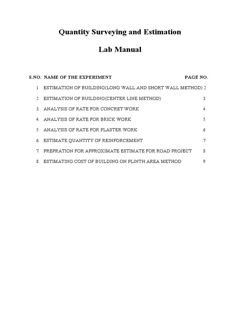 Quantity Surveying and Estimation Lab Manual: S.No. Name of The Experiment Page No | PDF | Brick ...