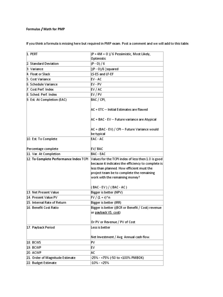 Formulas - Math For PMP | PDF