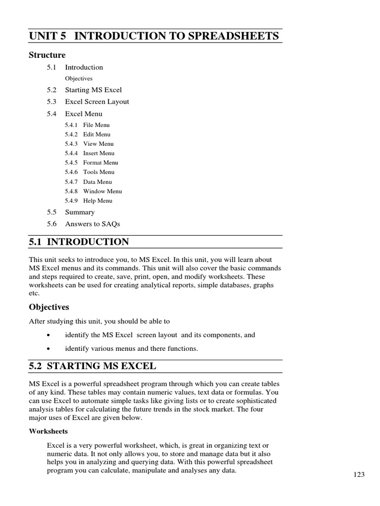 Unit 5 Introduction To Spreadsheets: Structure | PDF | Microsoft Excel ...