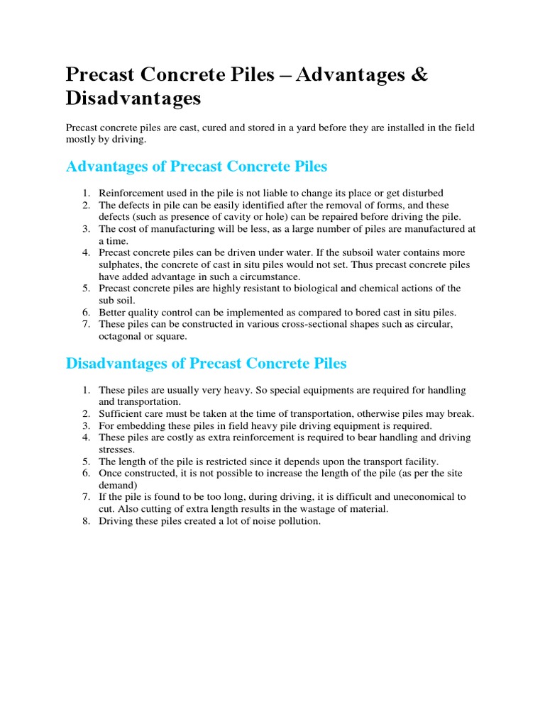 Precast Concrete Piles Advantages & Disadvantages | PDF