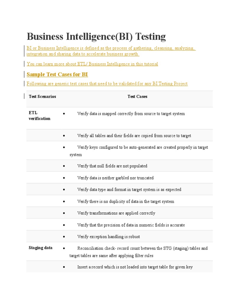Business Intelligence (BI) Testing: Sample Test Cases For BI | PDF ...