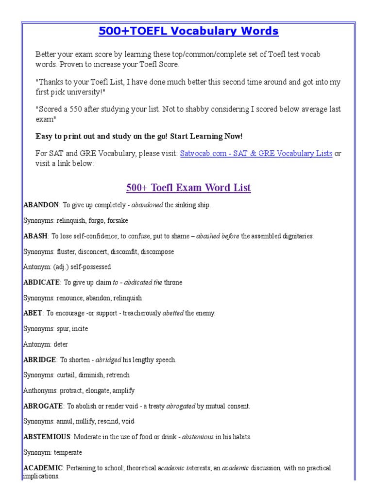 Toefl Vocabulary Word List, Common 500+ Words, Easy To Print, Practice ...