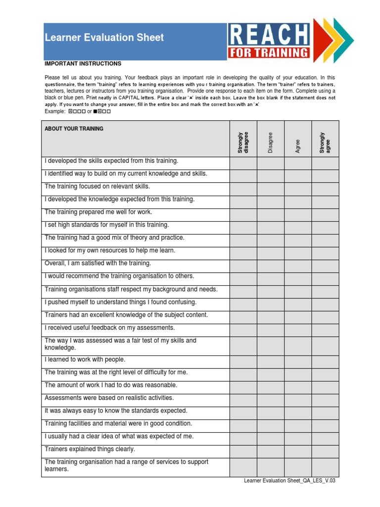 Learner-Evaluation-Sheet QA LES v.03 | PDF | Educational Assessment ...
