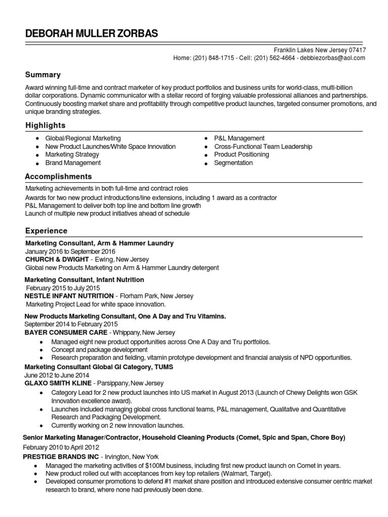 Senior Brand Manager CPG in New York City Resume Deborah Zorbas | PDF ...