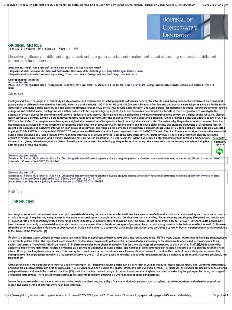 Dissolving Efficacy of Different Organic Solvents On Gutta-Percha and Resilon Root Canal ...