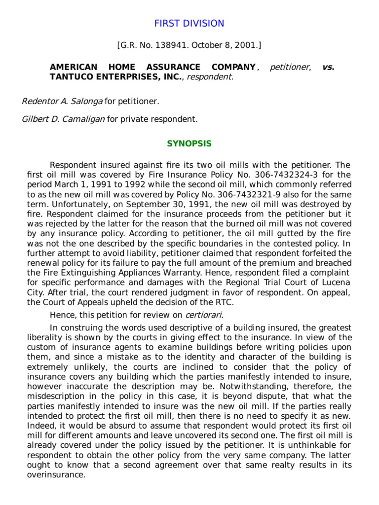 16 American Home Vs Tantuco Ent. | PDF | Insurance Policy | Insurance