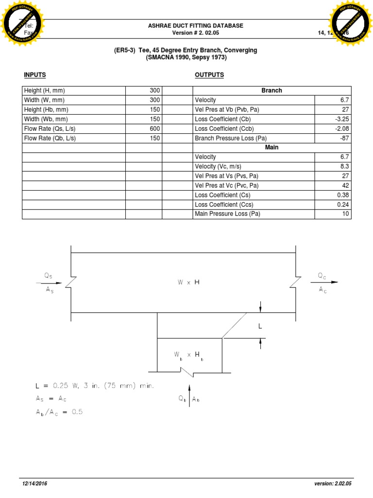 (ER5-3) Tee, 45 Degree Entry Branch, Converging (SMACNA 1990, Sepsy ...