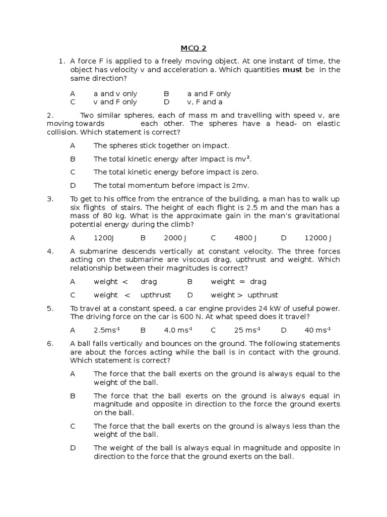 MCQ 2 | PDF | Force | Momentum