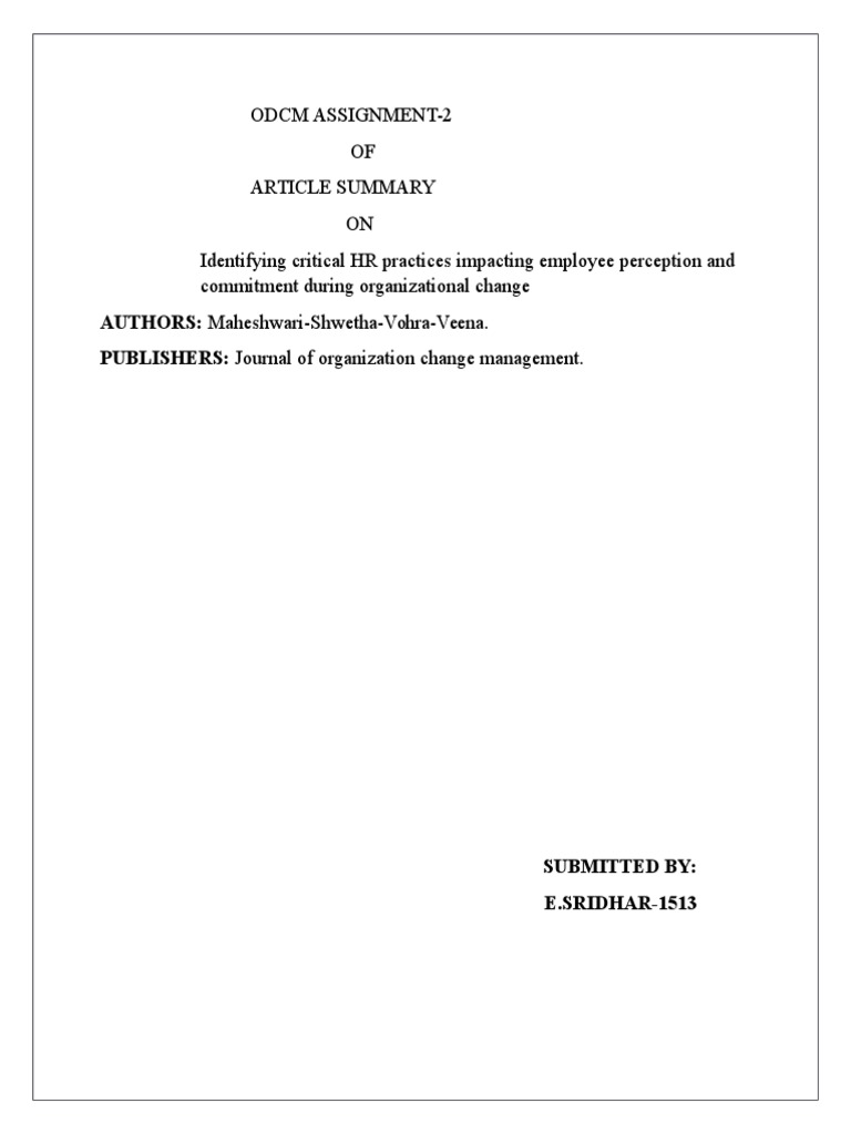 Odcm Assignment-2 OF Article Summary ON Identifying Critical HR Practices Impacting Employee ...