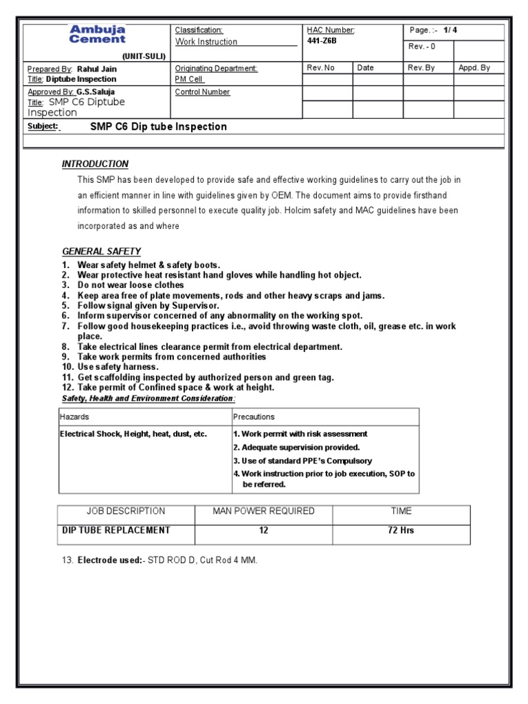 Dip Tube Inspection - SMP | PDF | Personal Protective Equipment | Safety