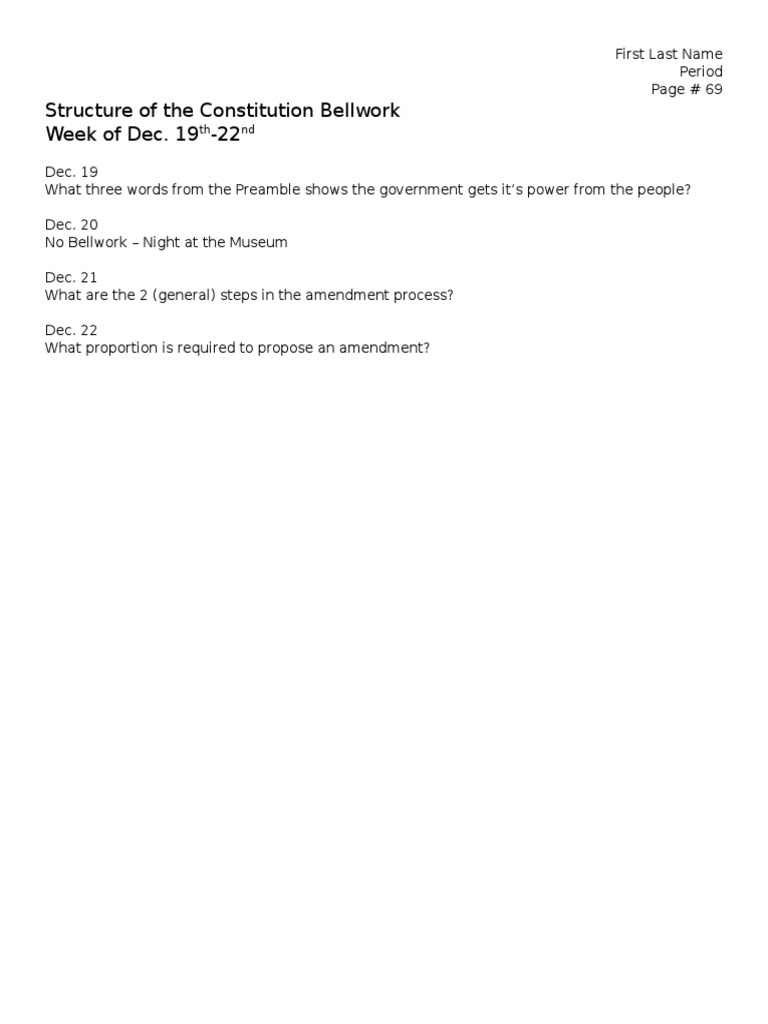 Constitution Structure Bellwork Guide | PDF