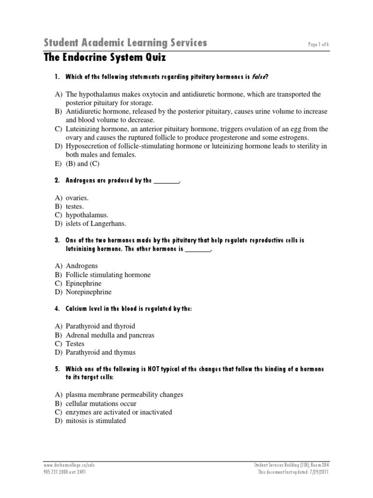 Endocrine System Quiz 1 | Download Free PDF | Hormone | Endocrine System