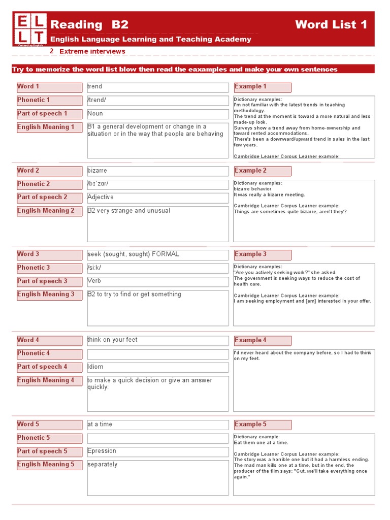 Reading B2 Word List 1: Extreme Interviews | PDF