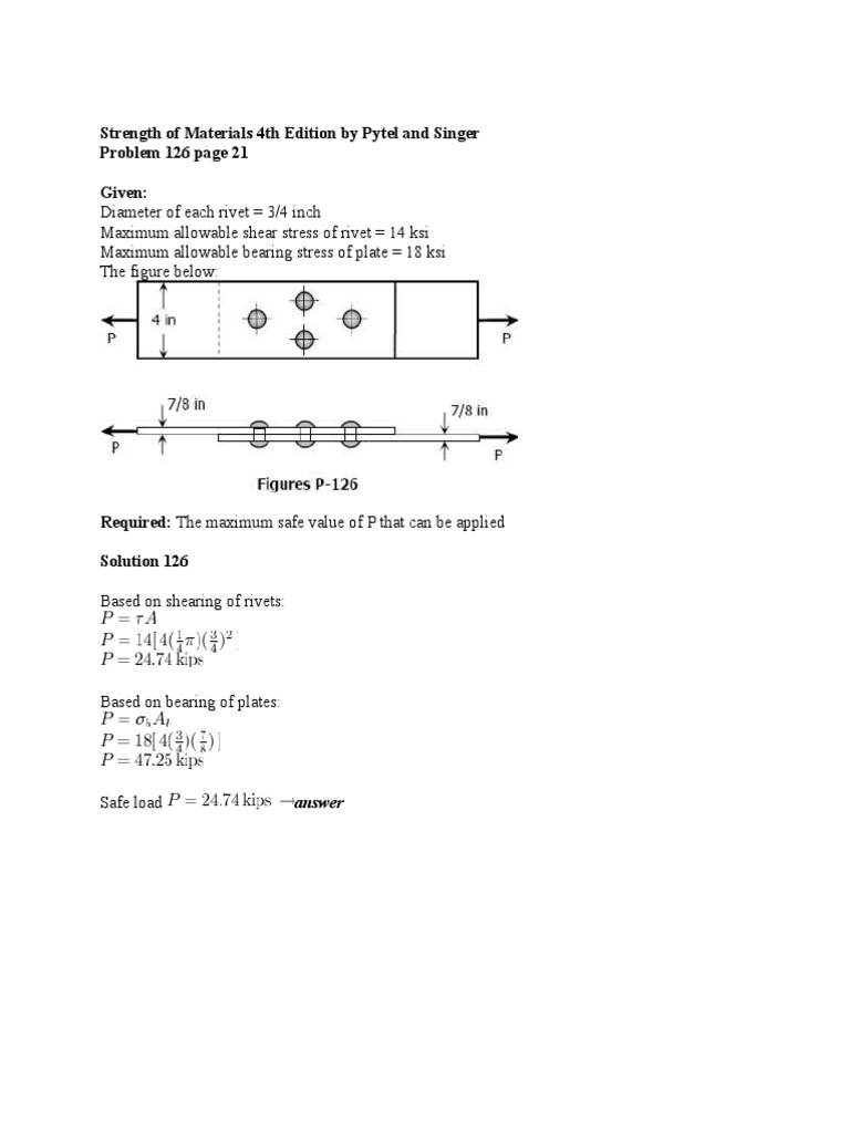 Strength of Materials 4th Edition by Pytel and Singer Problem 126 Page ...