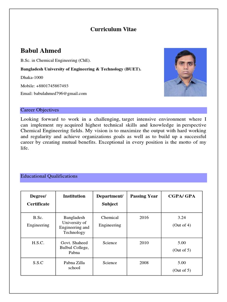 Babul Ahmed (Chemical Engineering) - CV | PDF | Bangladesh | Academia