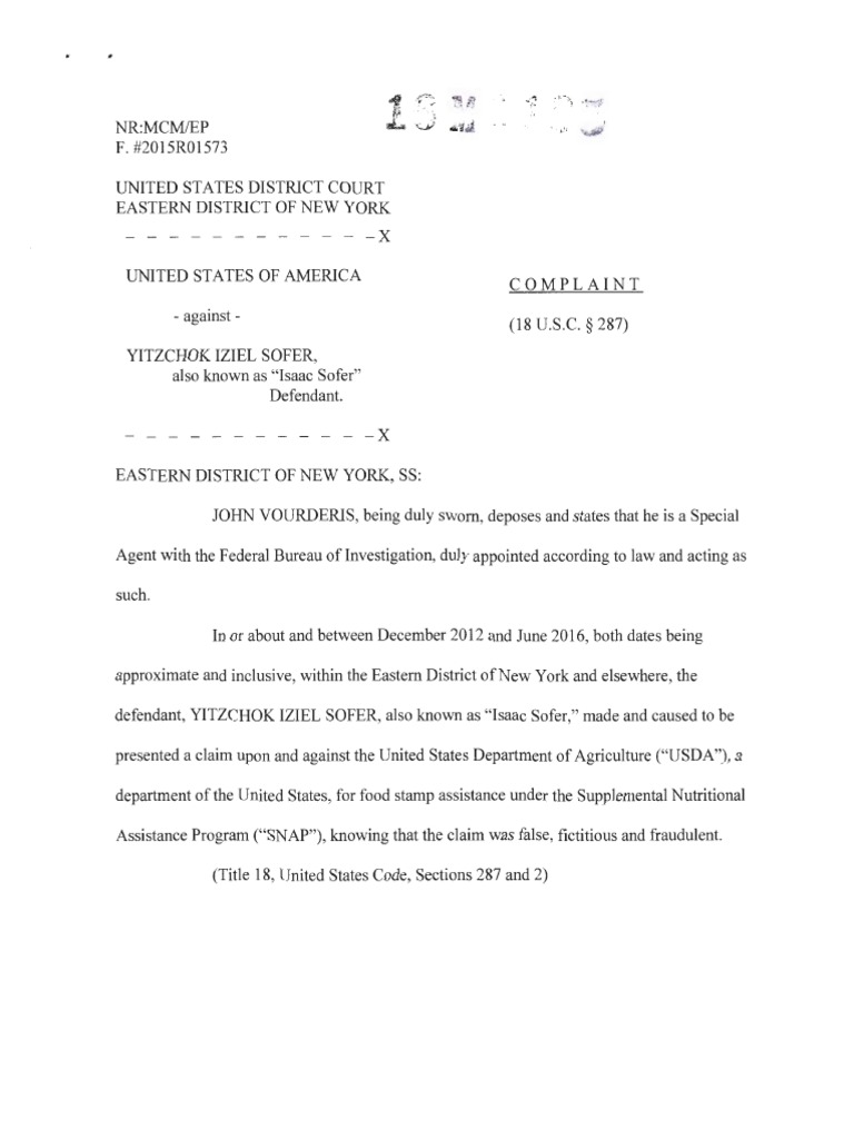 Complaint Against Isaac Sofer | PDF | Supplemental Nutrition Assistance ...