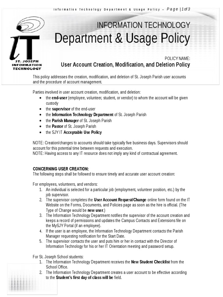 User Account Creation, Modification, and Deletion Policy for St. Joseph ...