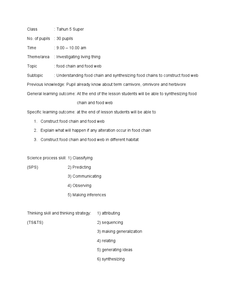 Year 5 science lesson plan (rph) | Food Web | Conservation Biology