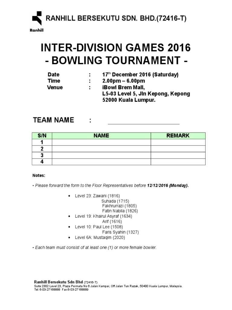 Bowling Registration Form | PDF