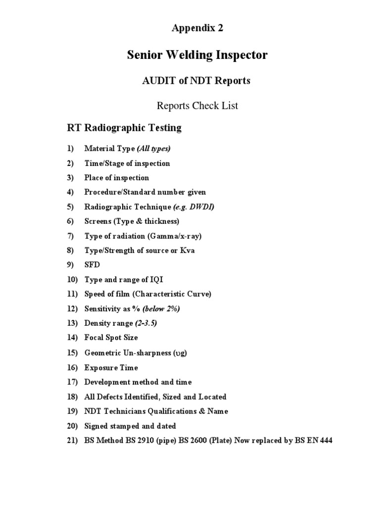 NDT Report Check List Appendix 2 | PDF | Nondestructive Testing ...