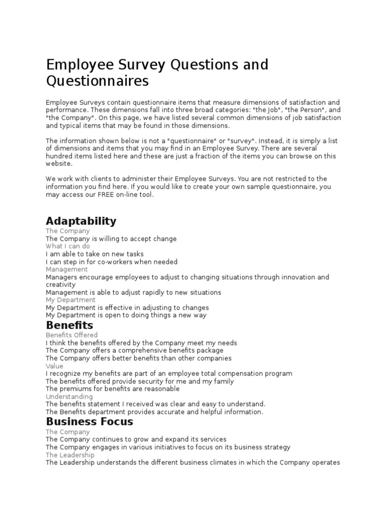 Employee Survey Questions and Questionnaires: Adaptability | PDF ...