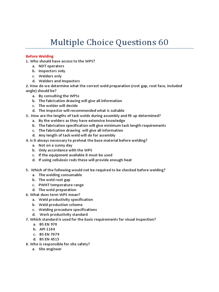 60 Multiple Choice Welding Questions | PDF | Welding | Construction