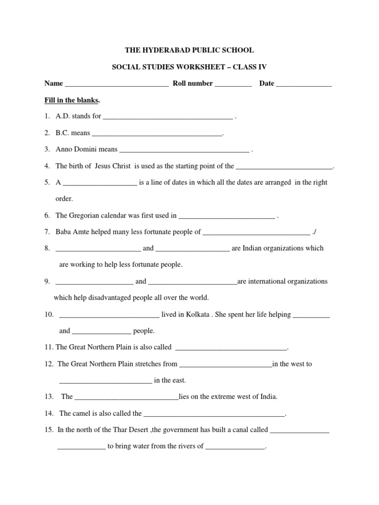 The Hyderabad Public School Social Studies Worksheet - Class Iv Name ...