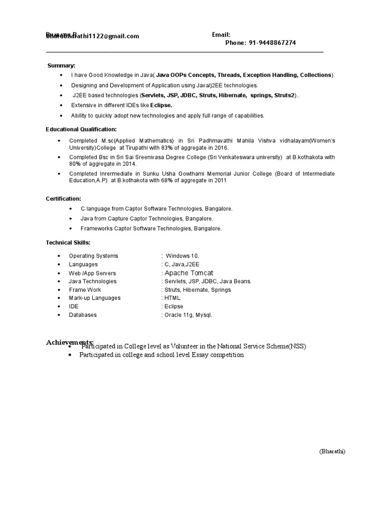 Bharathi Resume | Download Free PDF | Java (Programming Language) | Java Server Pages