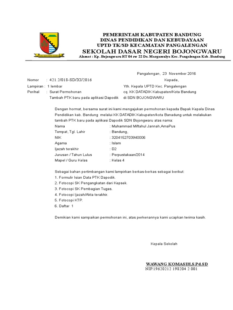 Format Surat Penambahan PTK Baru Di Dapodik | PDF