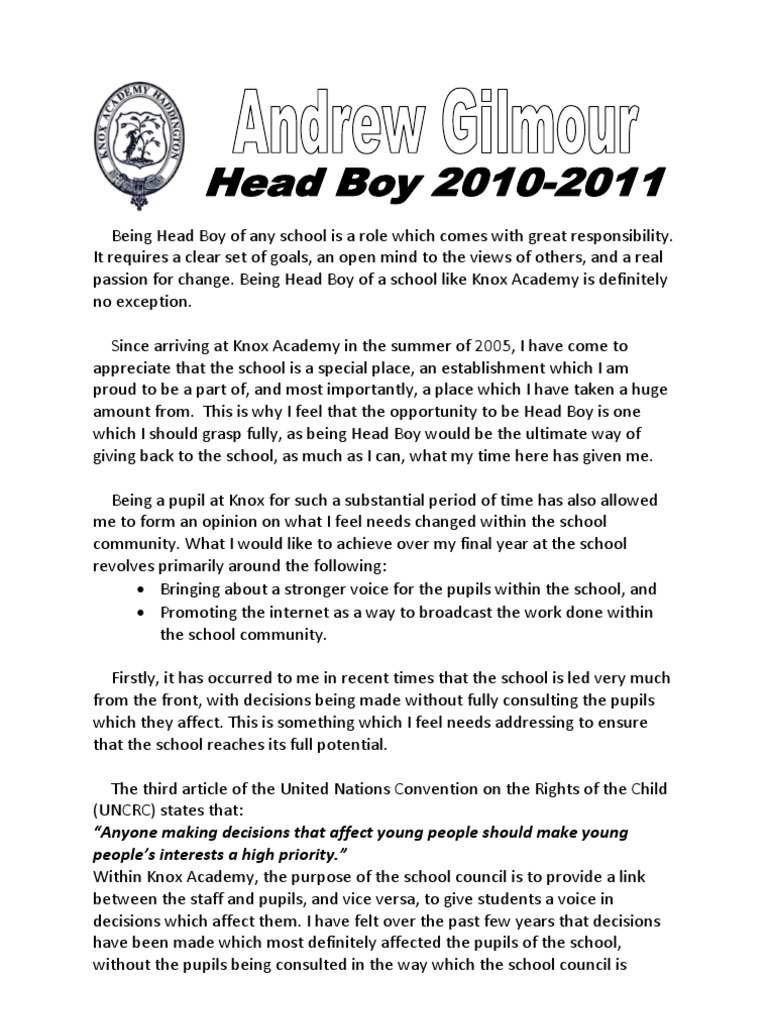 Andrew Gilmour Head Boy Manifesto PDF Students Union Teachers
