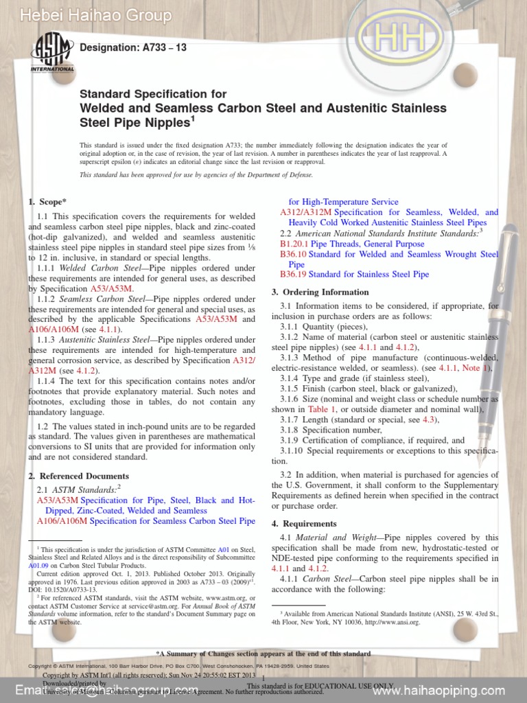 ASTM A733 Standard Specification For Welded and Seamless Carbon Steel ...