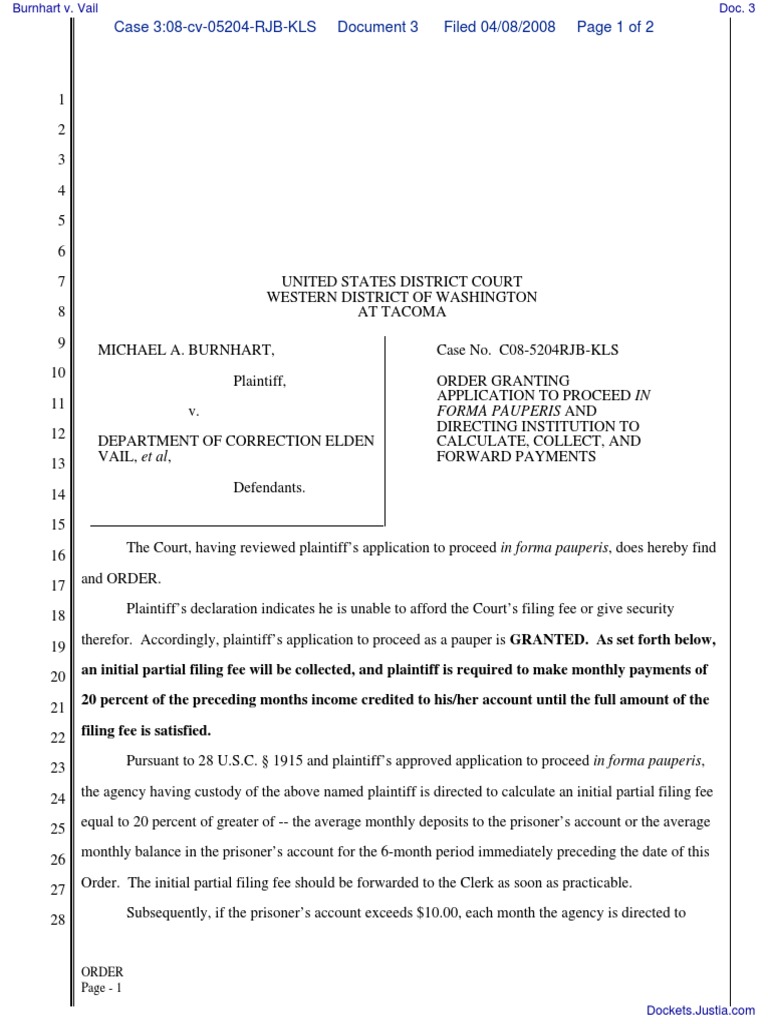 Forma Pauperis And: Order Page - 1 | PDF | Law Clerk | Prisoner