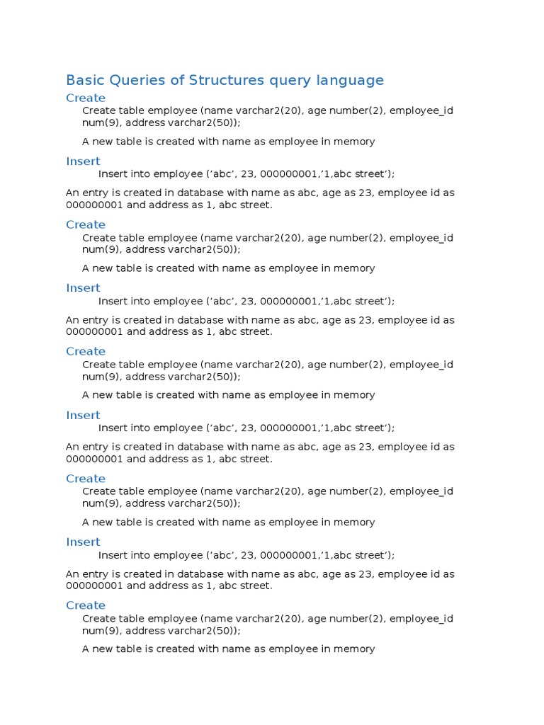 Basic Queries of Structures Query Language: Create | PDF