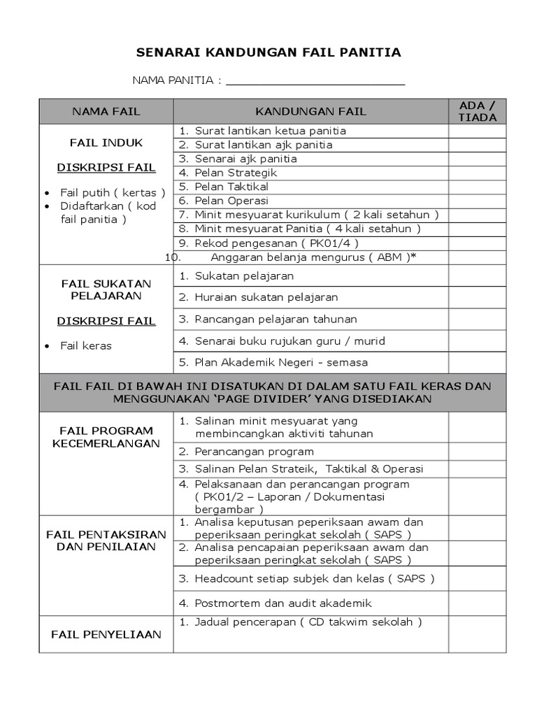 Senarai Semak Fail Panitia | PDF