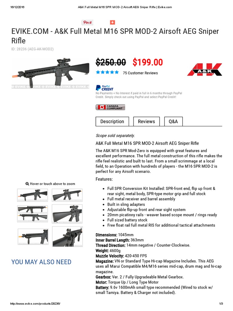 A&K Full Metal M16 SPR MOD-2 Airsoft AEG Sniper Rifle - Evike | PDF ...
