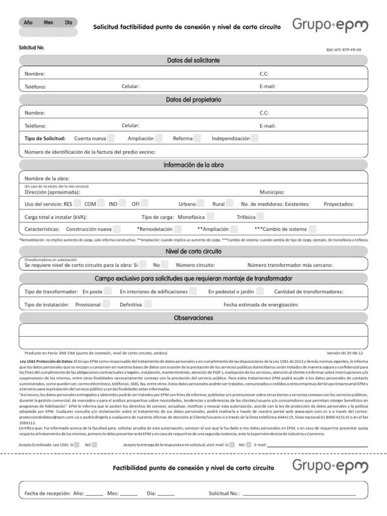 Grupo EPM Formato Factibilidad Punto de Conexión y Nivel de Corto Circuito | PDF | Servicio al ...